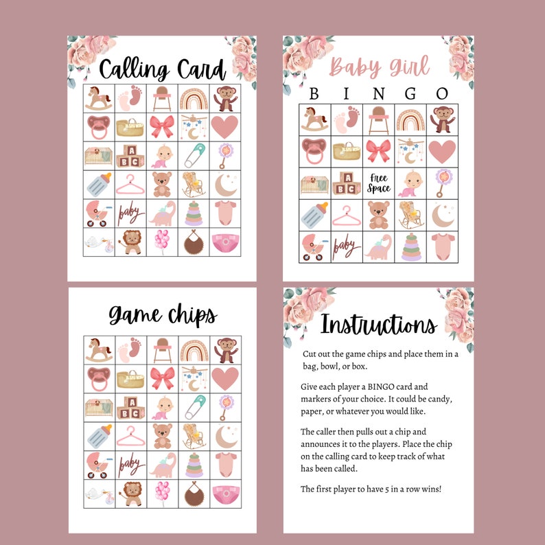 Baby Shower Bingo, Baby Girl Bingo Game, Baby Shower Games Printable ...
