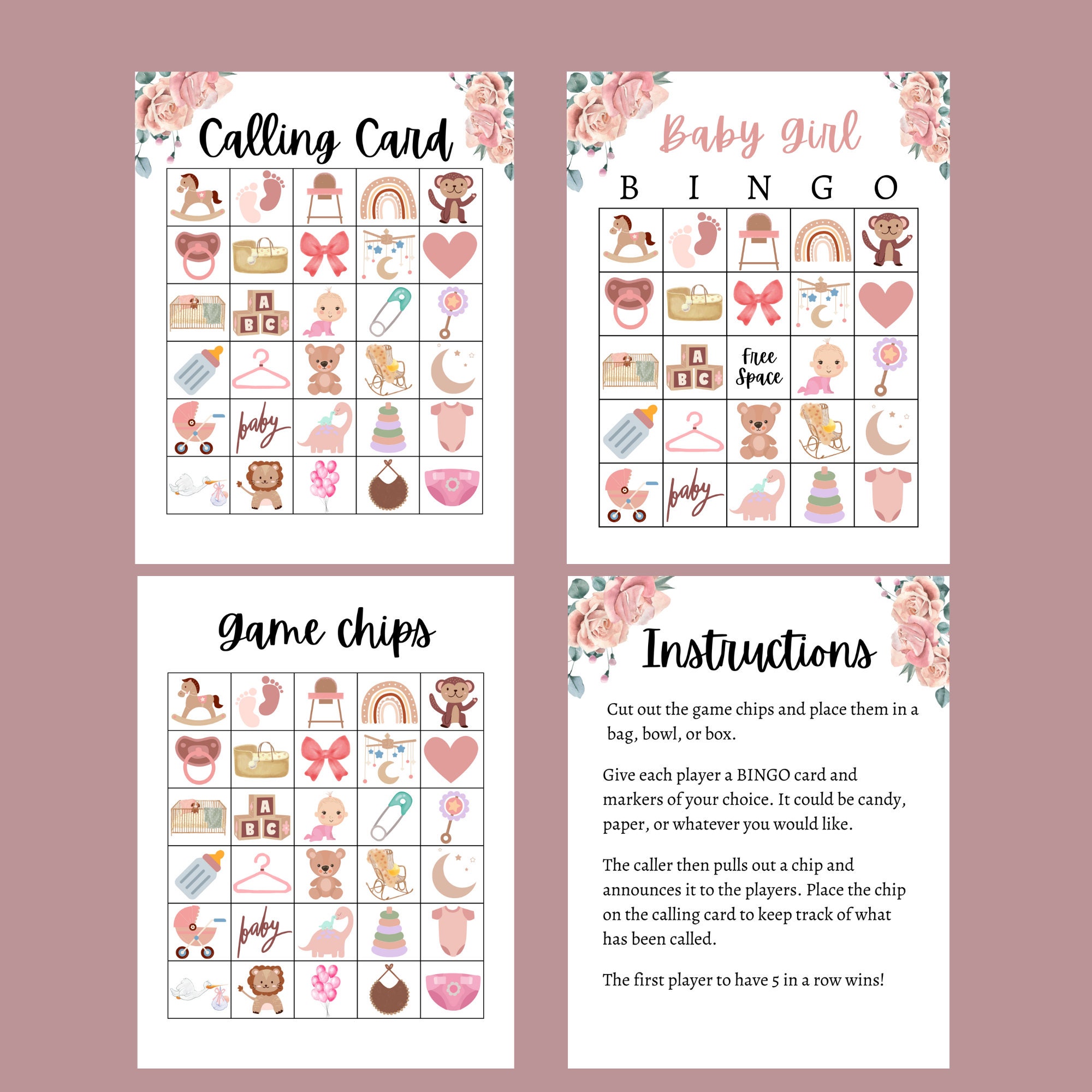 Baby Shower Bingo, Baby Girl Bingo Game, Baby Shower Games Printable ...