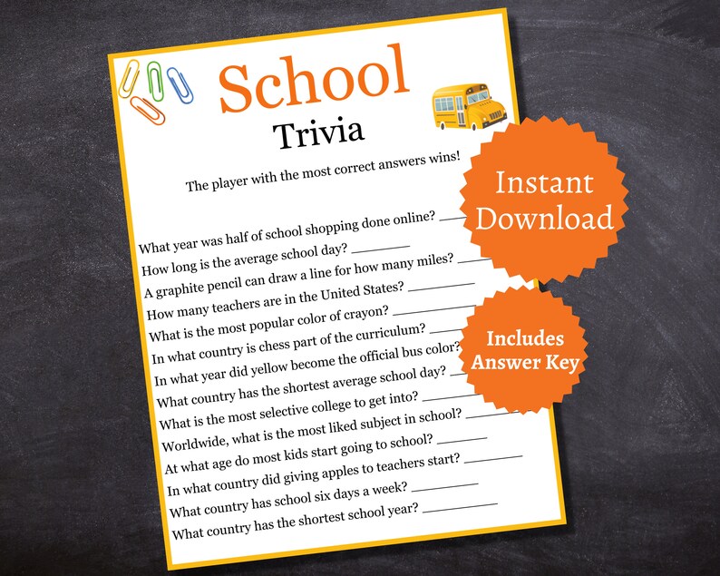School-themed Trivia Game, Printable Classroom Activity for Kids and ...