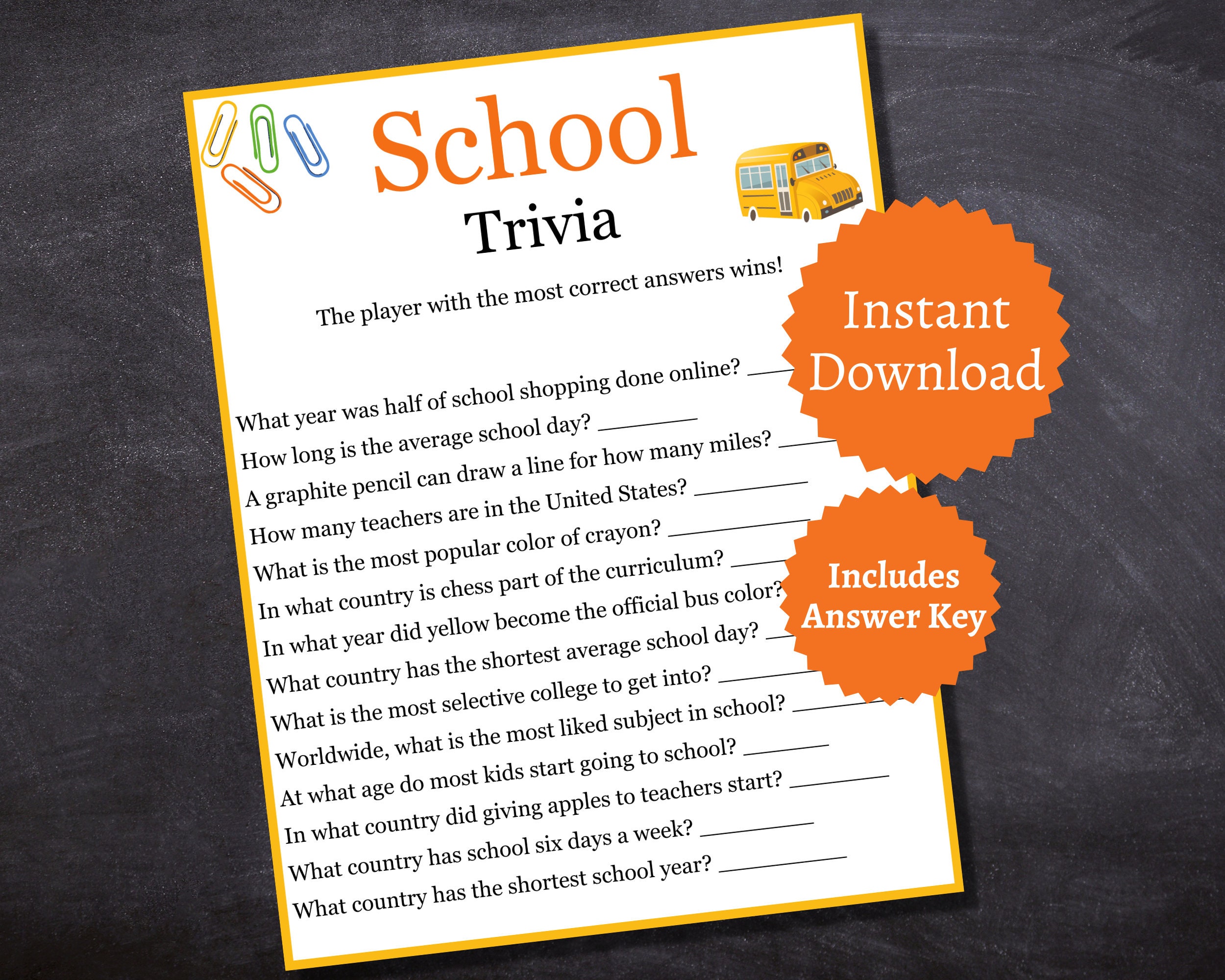 School-themed Trivia Game, Printable Classroom Activity for Kids and ...