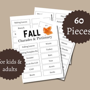 Fall Charades Game, Printable Autumn Pictionary Cards, Fall Party Game ...