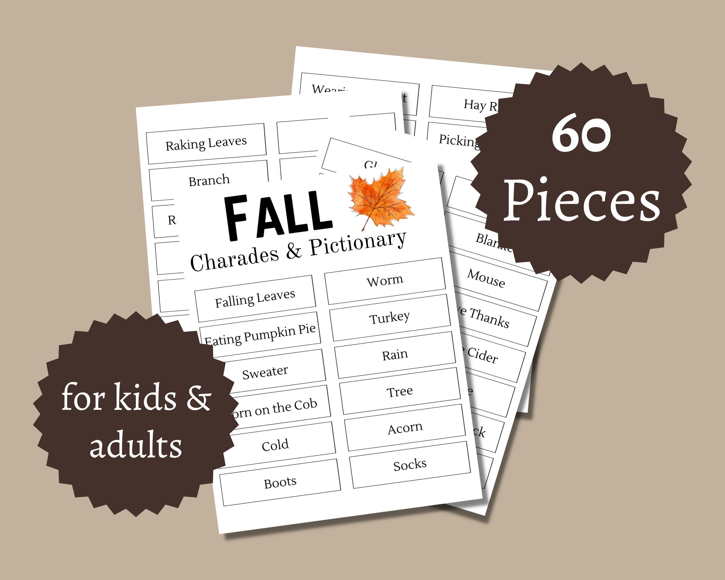Fall Charades Game, Printable Autumn Pictionary Cards, Fall Party Game ...