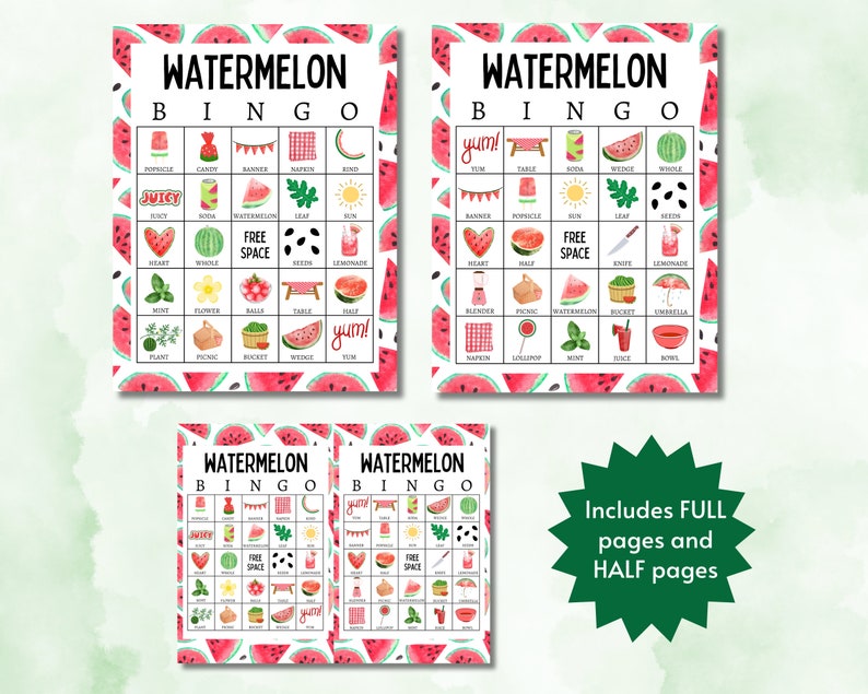 Watermelon Bingo Cards, Printable Summer Party Game for Kids and Adults ...
