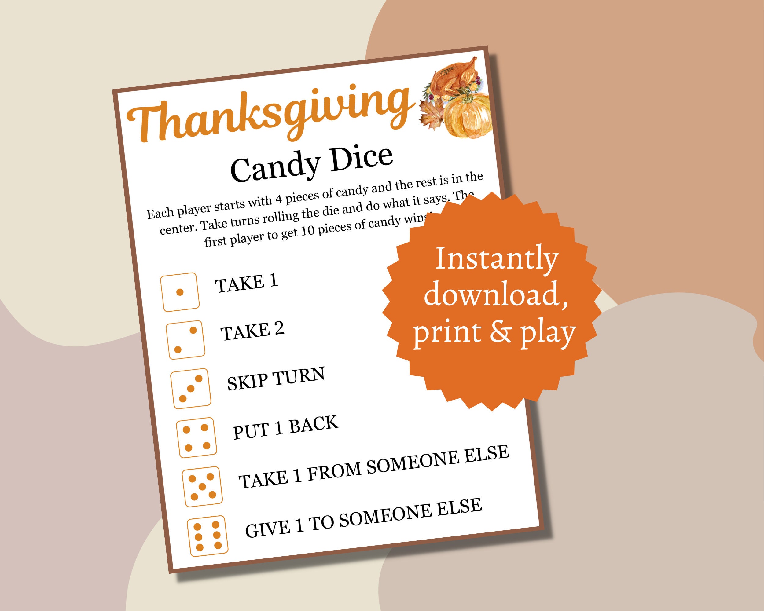 Thanksgiving Candy Dice Game Printable Thanksgiving Game - Etsy