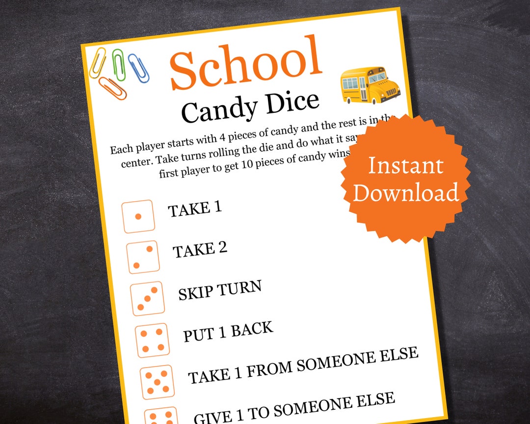 School Candy Dice Game, Printable Back to School Party Game, Classroom ...