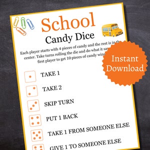 School Candy Dice Game, Printable Back to School Party Game, Classroom ...