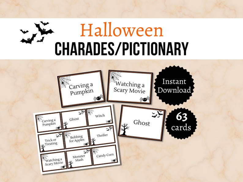 Halloween Charades Cards, Printable Halloween Pictionary Game, October ...