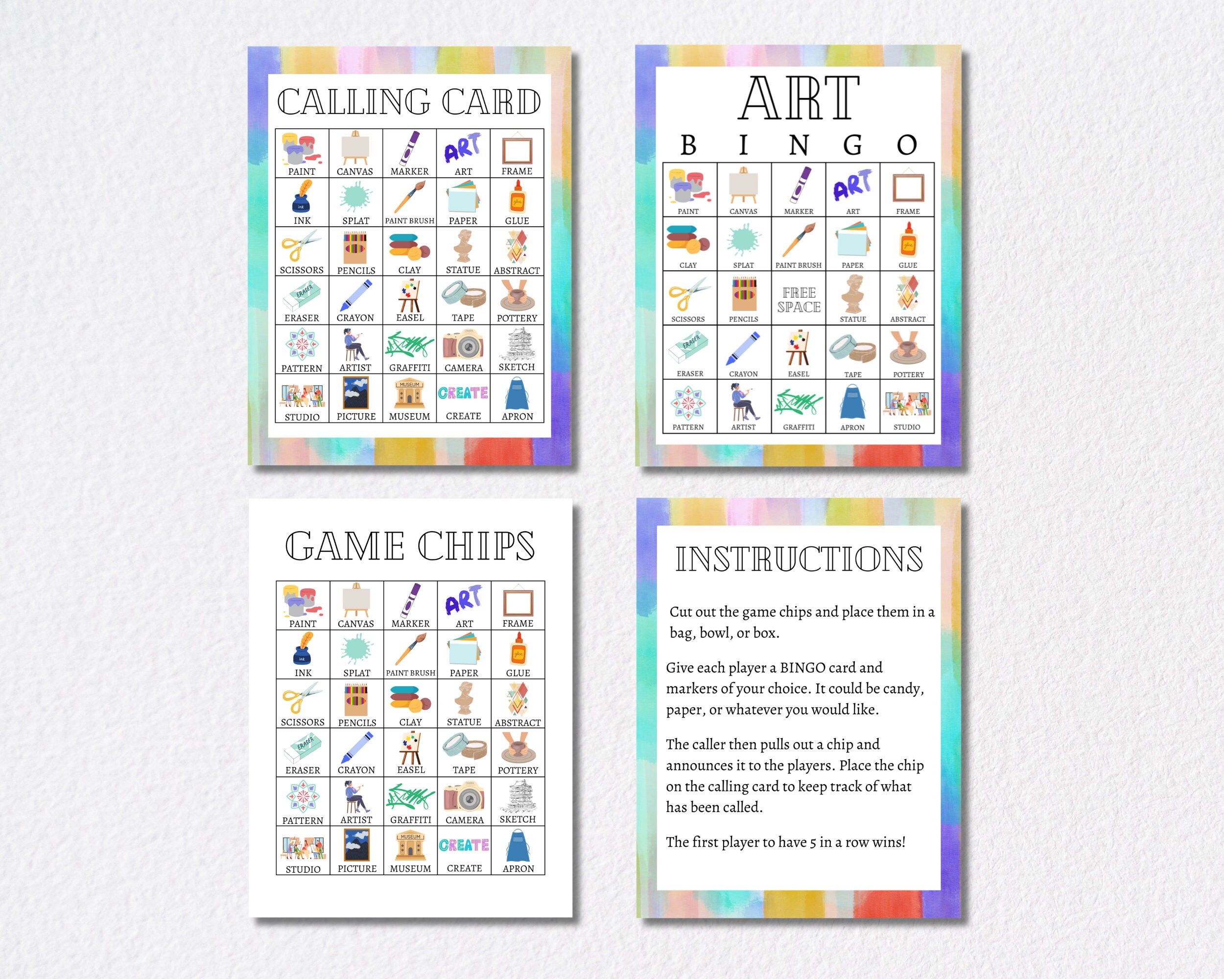 Art Bingo Cards, Printable Art Party Game for Kids, Teens, and Adults ...
