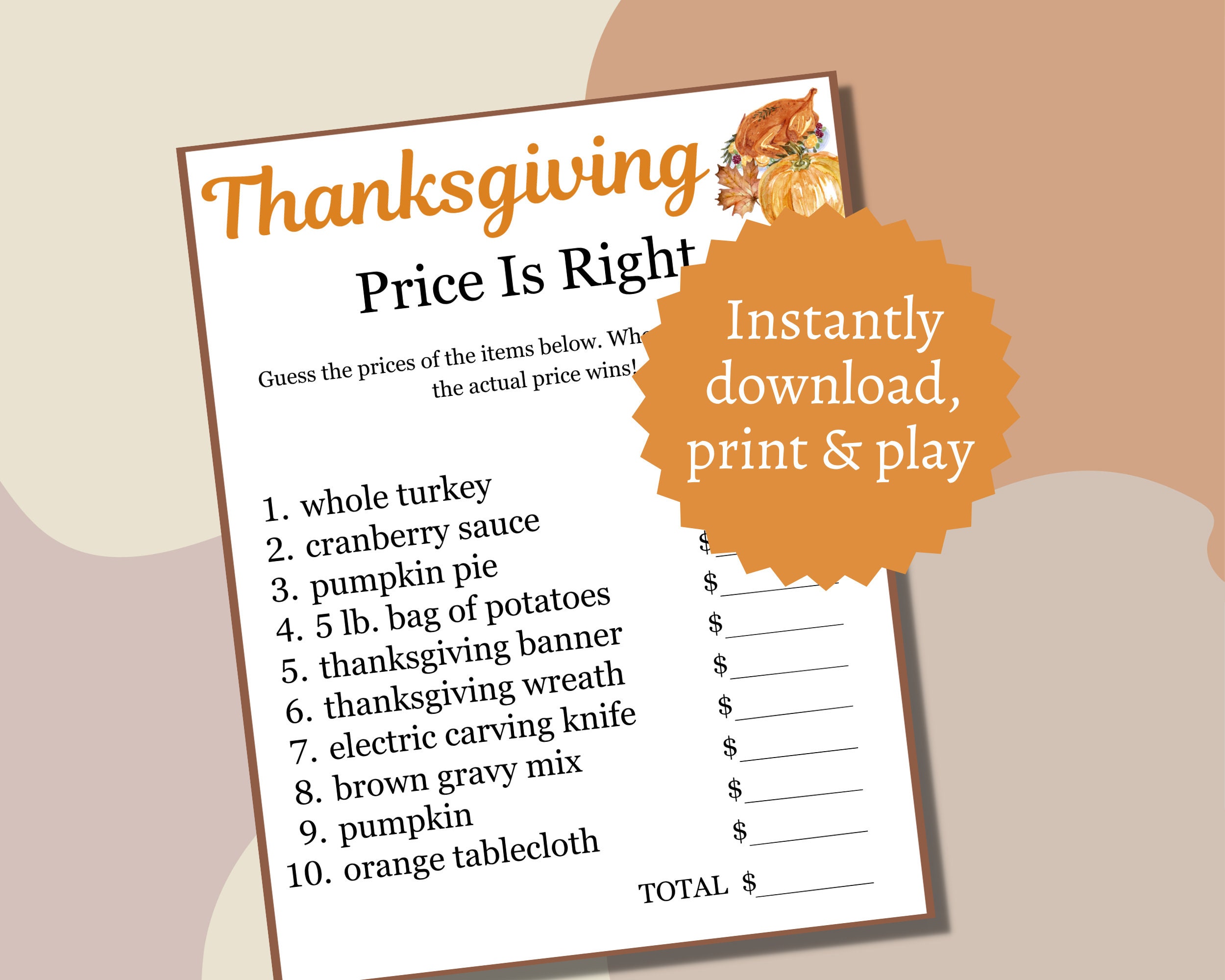 Thanksgiving Price is Right Game, Printable Holiday Family Party Game ...