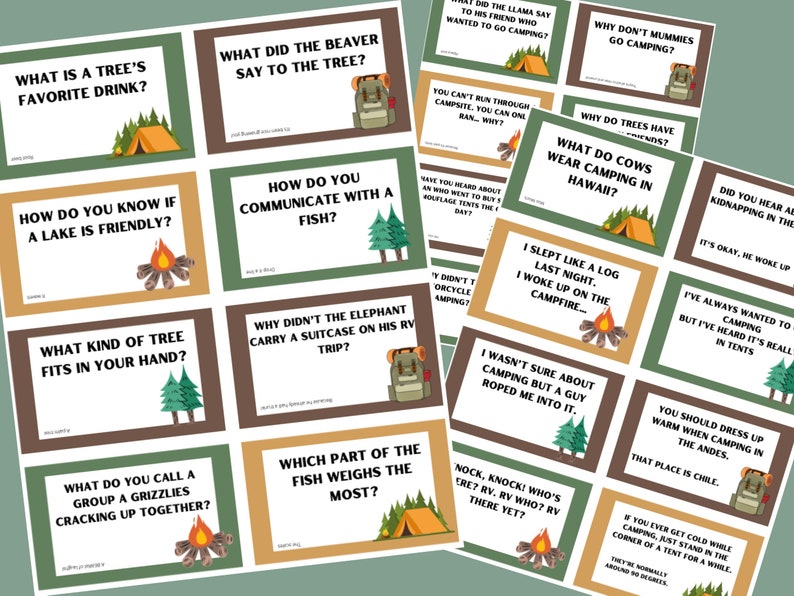 Camping Jokes, Printable Funny Camp Joke Cards for Kids, Summer Campout ...