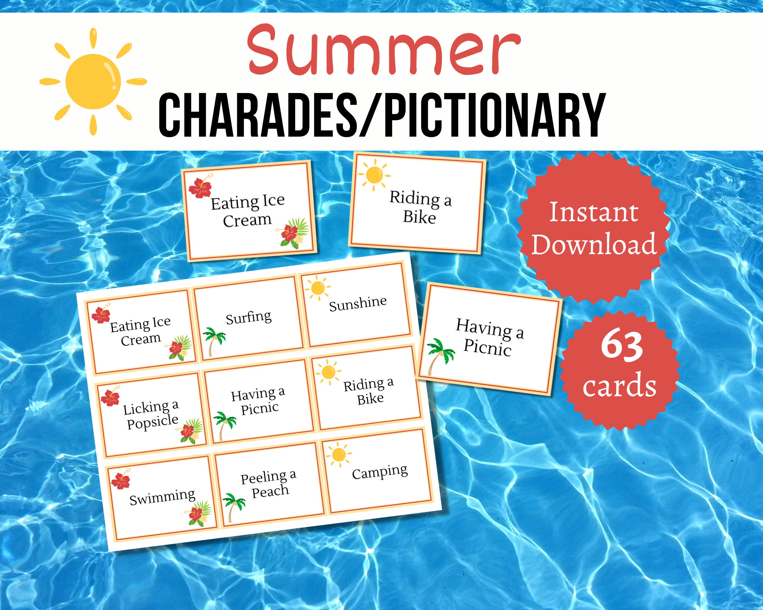 Summer Charades Cards, Printable Pool Party Game for Kids, Teens, and ...