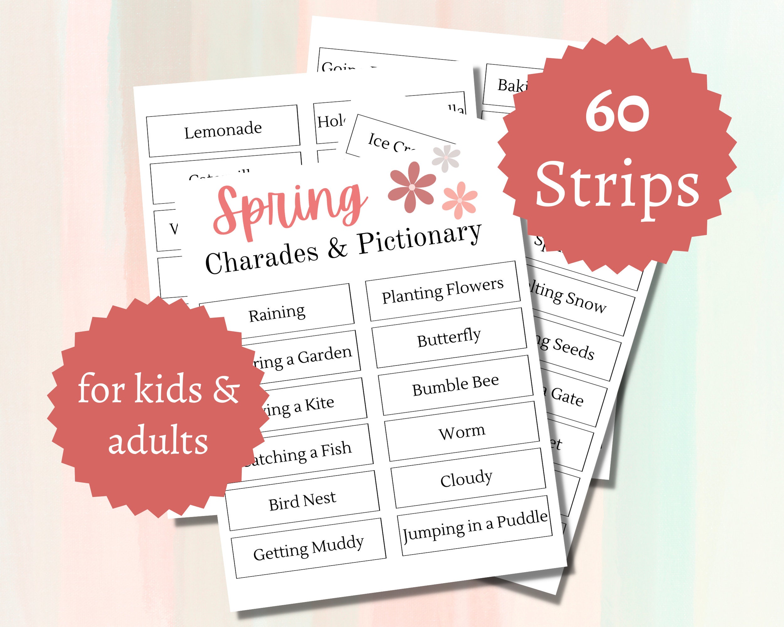 Spring Charades and Pictionary Cards, Printable Springtime Party Game ...