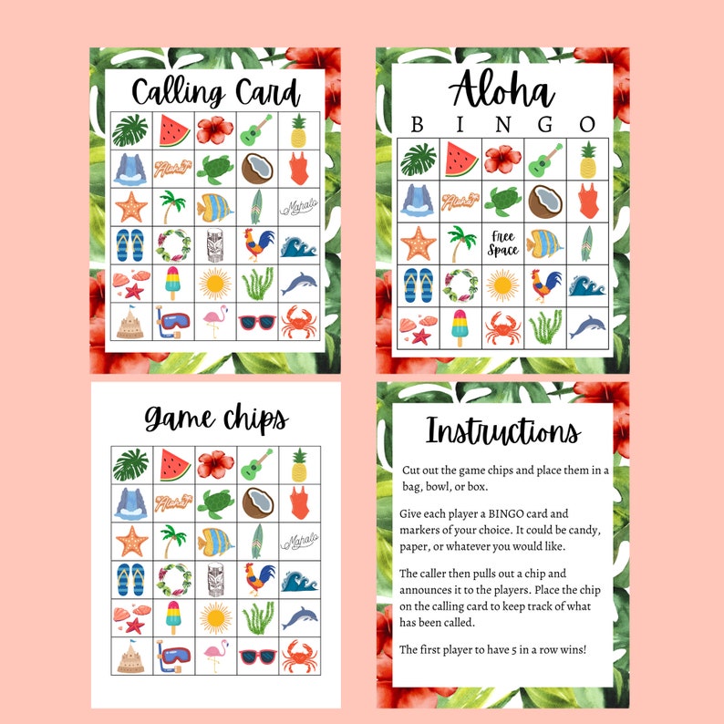 Aloha Bingo, Luau Party Games, Luau Bingo Cards, Hawaiian Birthday Aloha Bingo, Luau Party Games, Luau Bingo Cards, Hawaiian Birthday