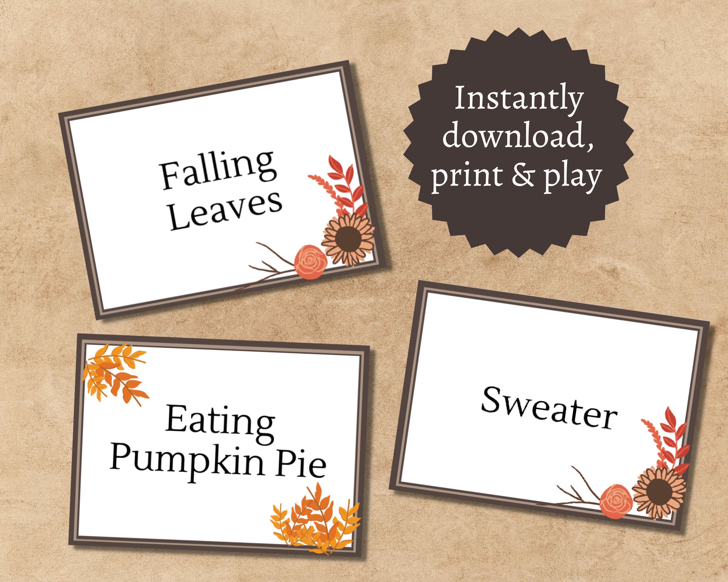 Fall Charades, Printable Autumn Pictionary Cards, Easy Fall Time Party ...