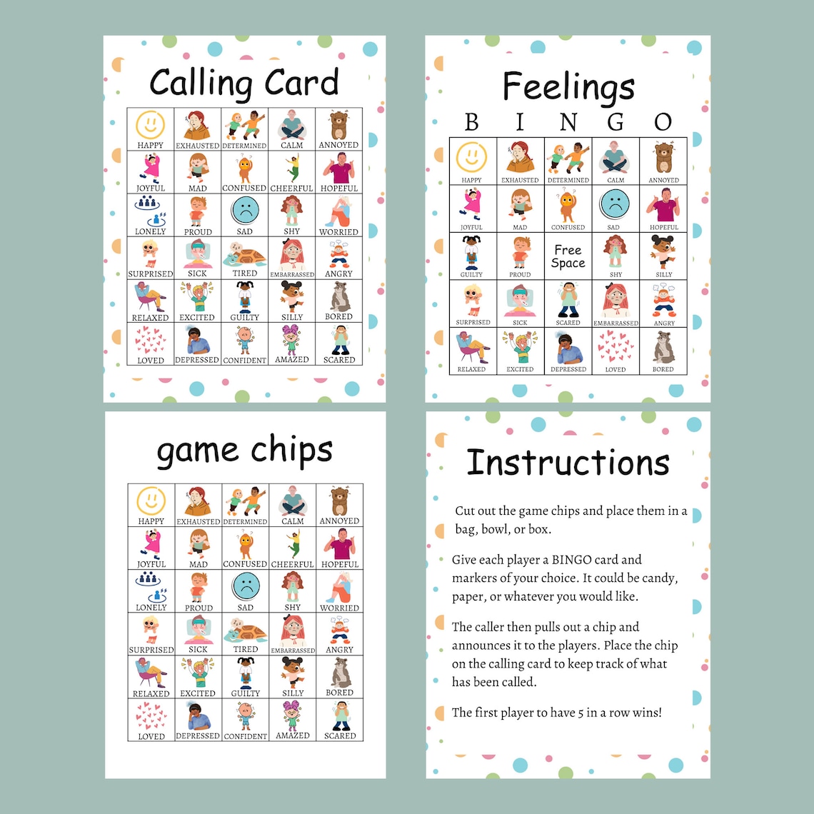 Feelings Bingo Game for Kids, Emotions Learning Activity, Printable ...