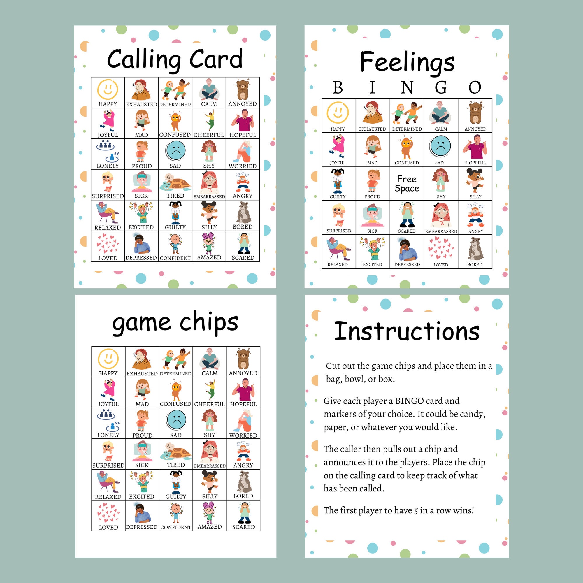 Feelings Bingo Game for Kids, Emotions Learning Activity, Printable ...