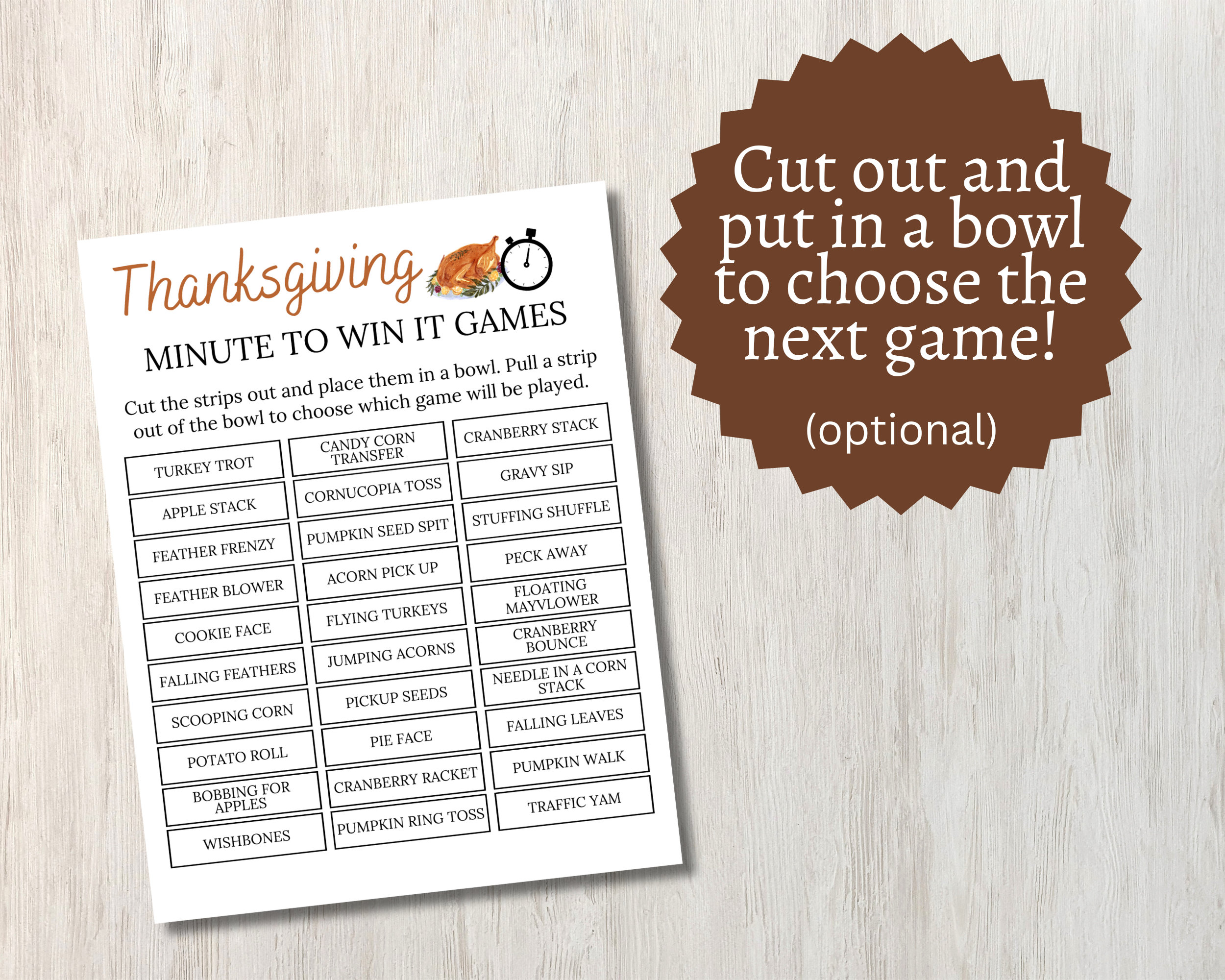 Thanksgiving Minute to Win It Games, Printable Thanksgiving Party Game ...
