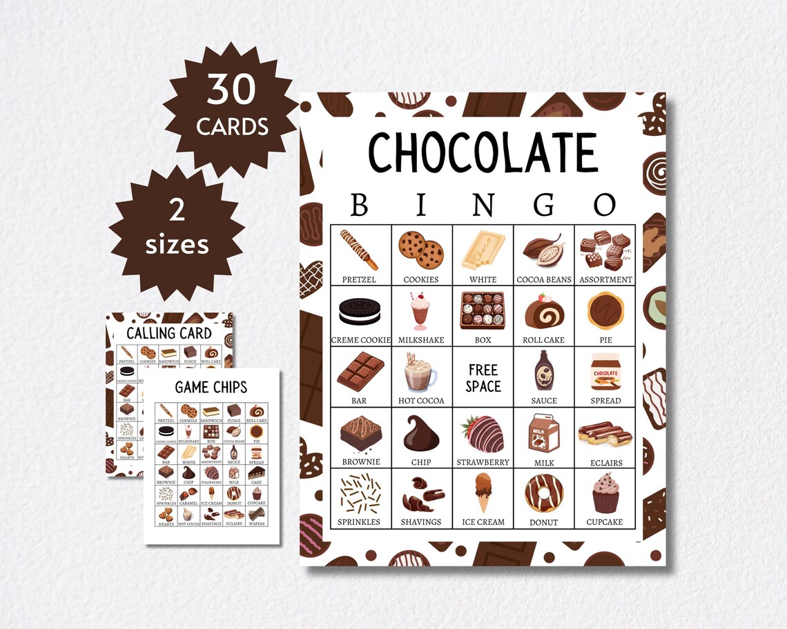 Chocolate Bingo Cards, Printable Chocolate Party Game for Kids and ...
