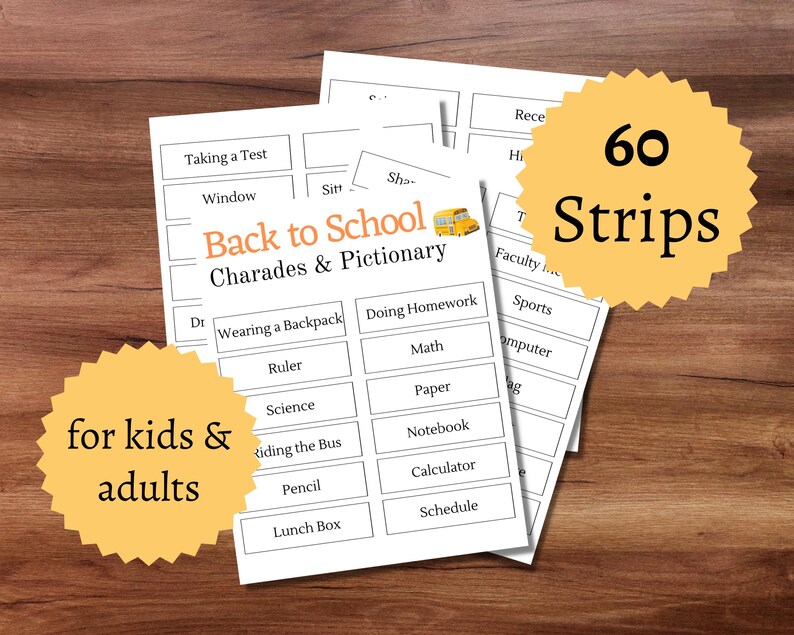 Back to School Charades, Printable Classroom Pictionary Cards, School ...