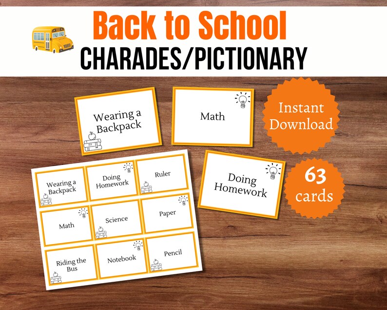 Back to School Pictionary Cards, Printable Classroom Charades, School ...