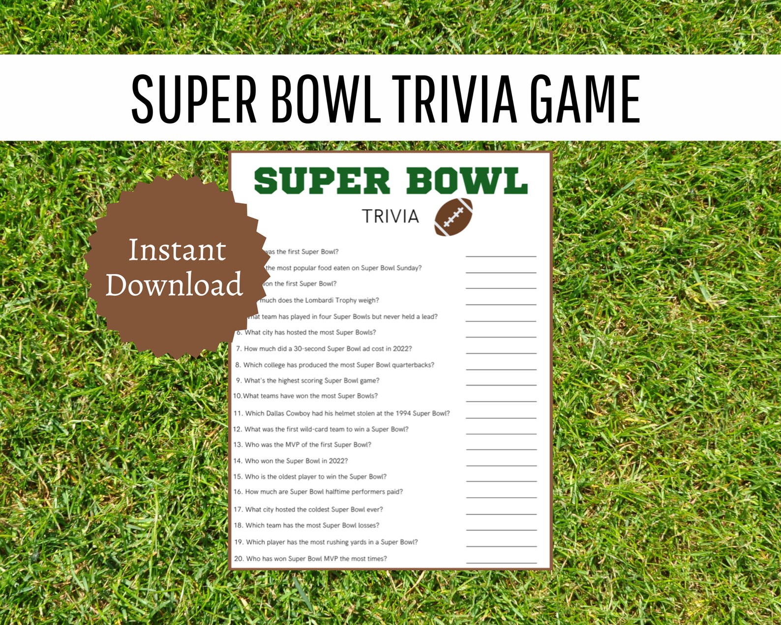 Super Bowl Trivia, Printable American Football Party Game, Super Bowl ...