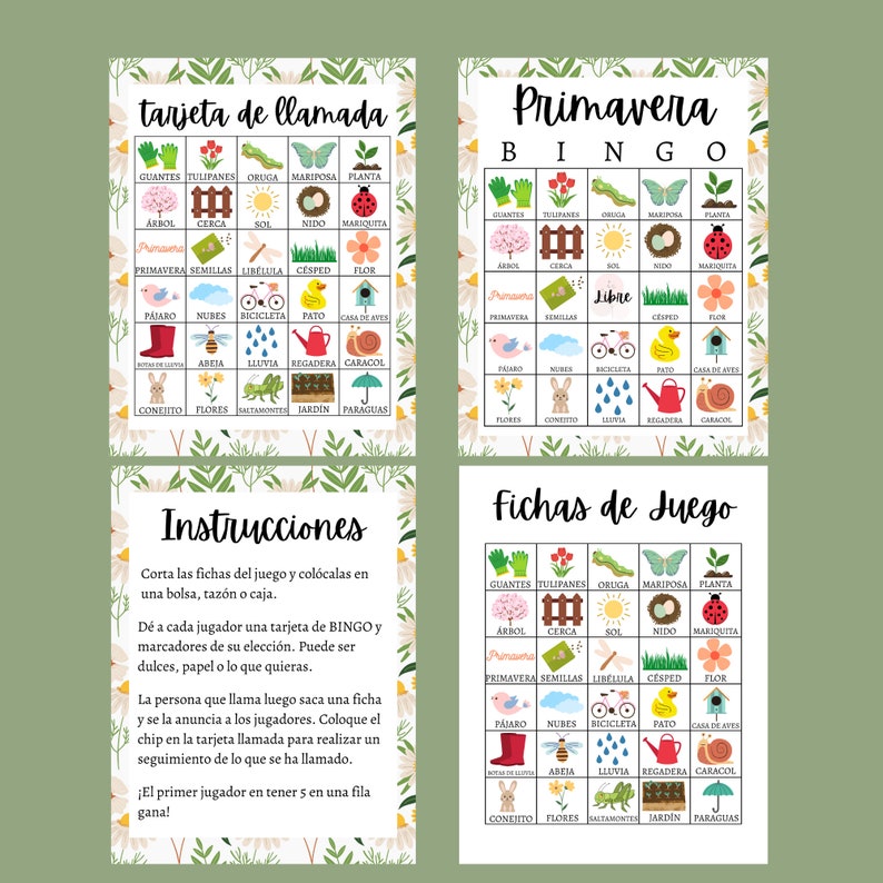Spanish Spring Bingo Cards, Printable Springtime Party Games for Kids ...