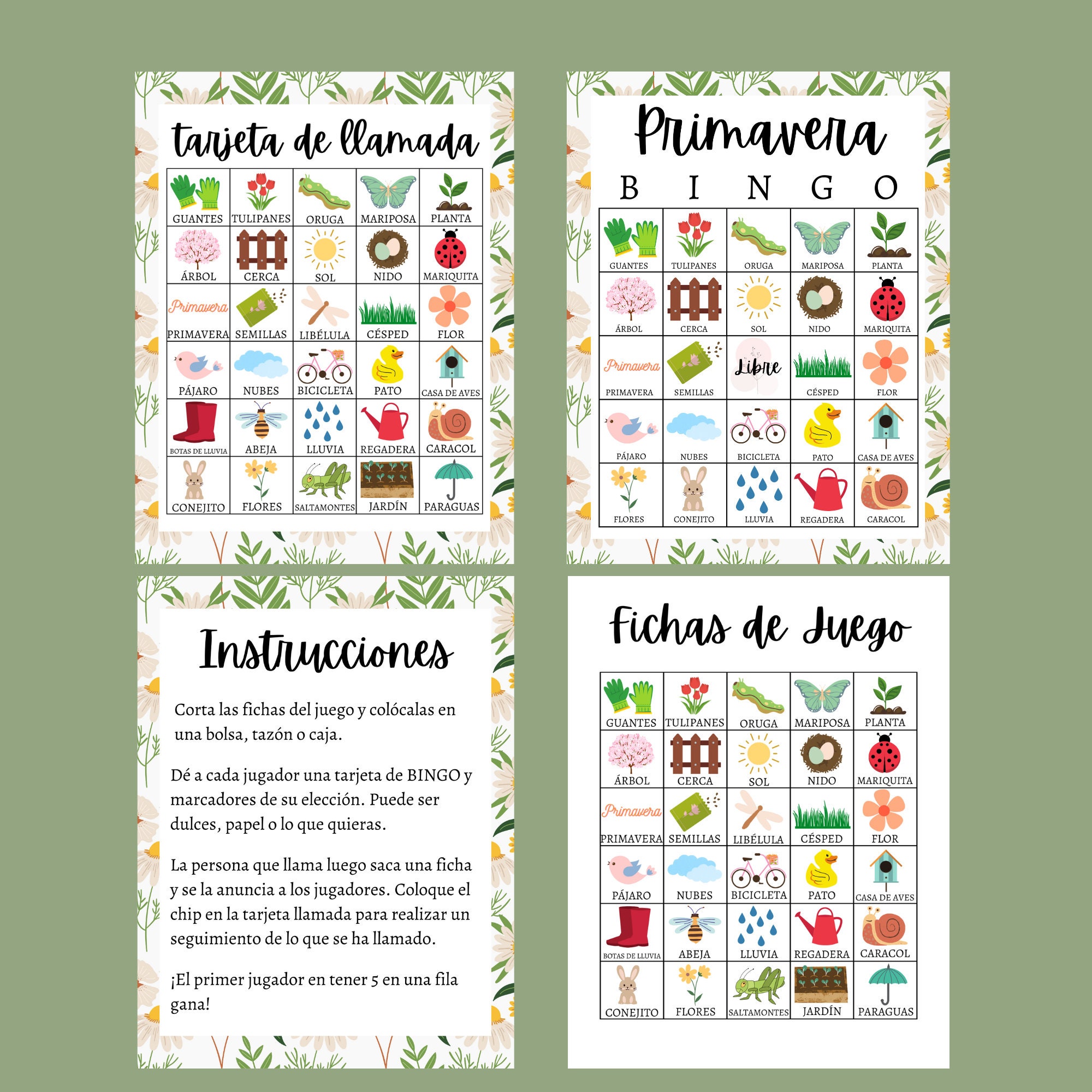 Spanish Spring Bingo Cards, Printable Springtime Party Games for Kids ...