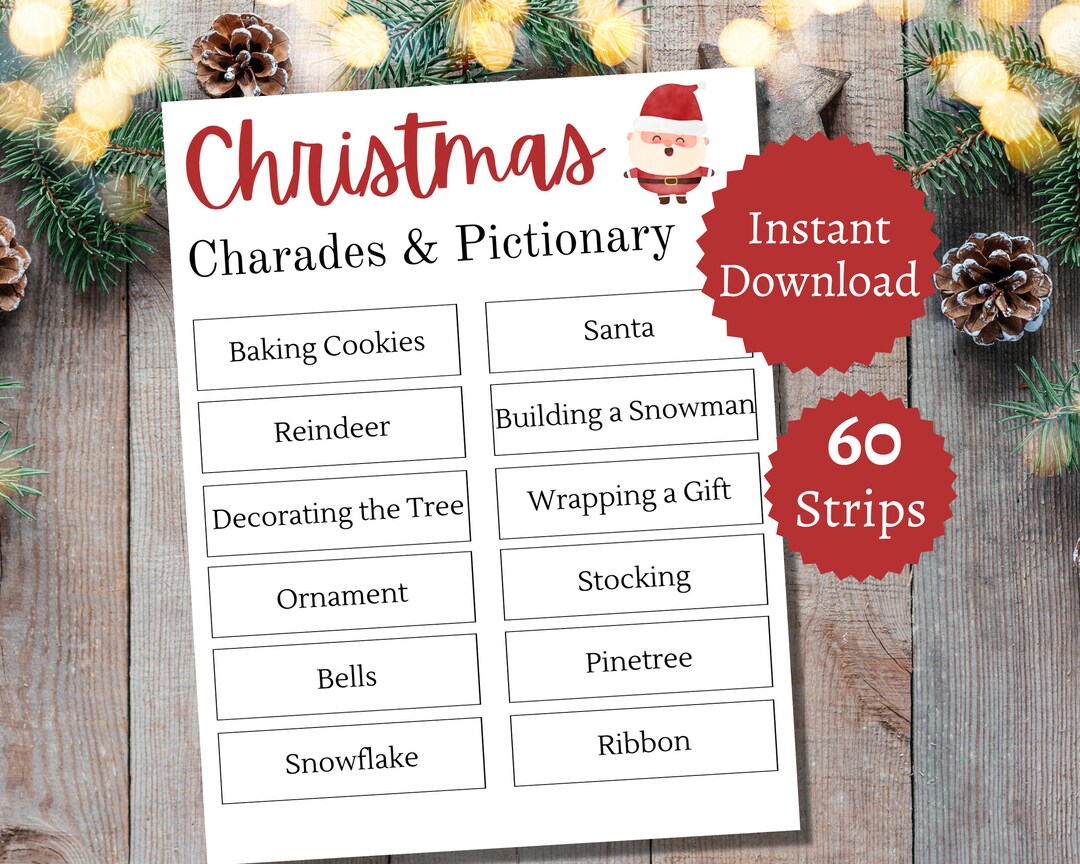 Christmas Charades Party Game, Printable Holiday Pictionary Cards ...