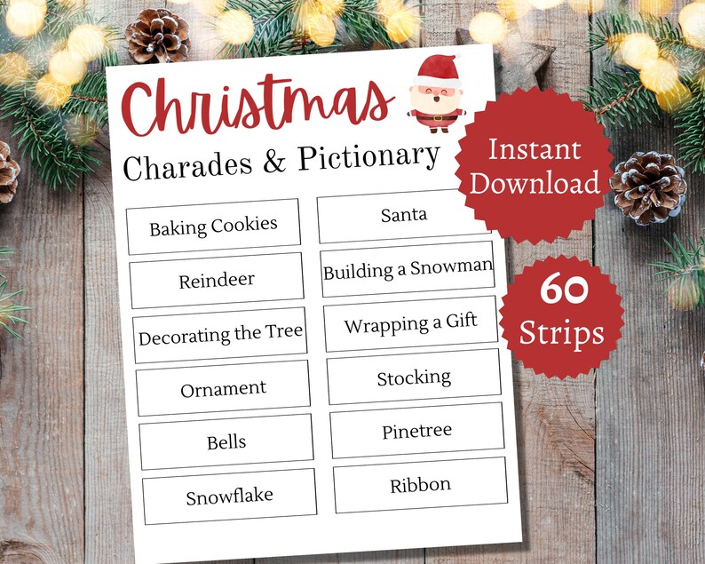 Christmas Charades Party Game, Printable Holiday Pictionary Cards ...