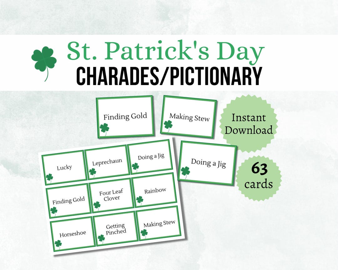 St. Patrick's Day Pictionary Game, Printable Charades Cards, Family ...