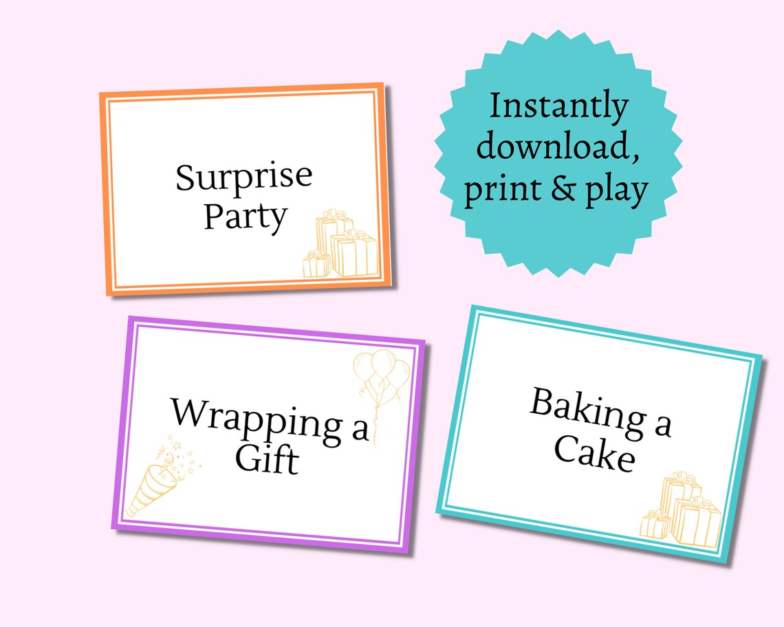 Birthday Charades, Printable Birthday Party Pictionary Cards, Birthday ...