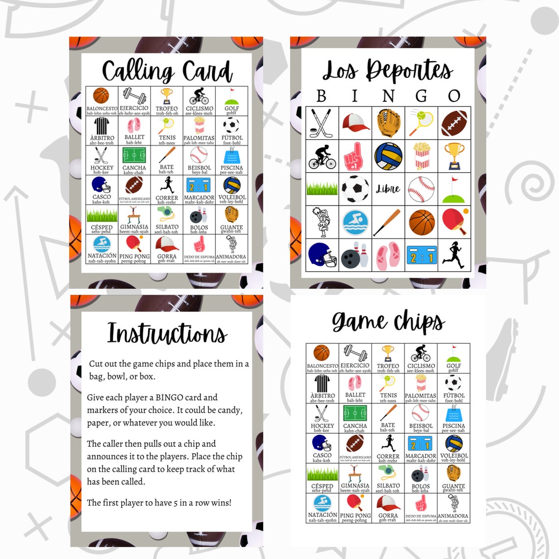 Spanish Bingo, Spanish Learning Game for Kids, Spanish Sports Activity ...