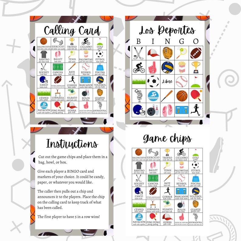 Spanish Bingo, Spanish Learning Game for Kids, Spanish Sports Activity ...
