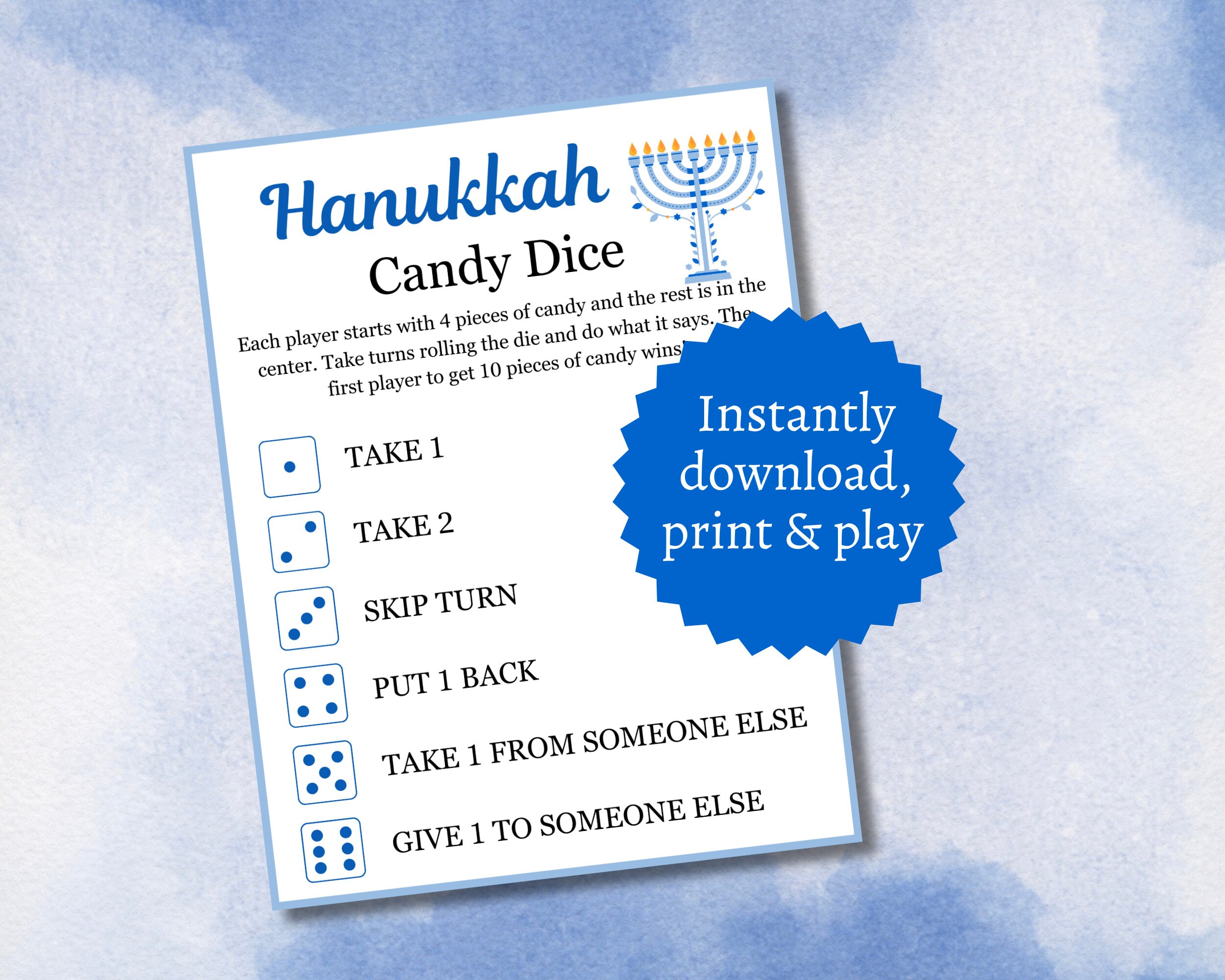 Hanukkah Candy Dice Game, Printable Hanukkah Party Game for Kids, Teens ...