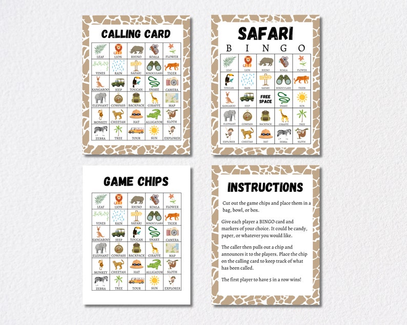 Safari Bingo Cards, Printable Animals Party Game for Kids, Zoo Activity ...