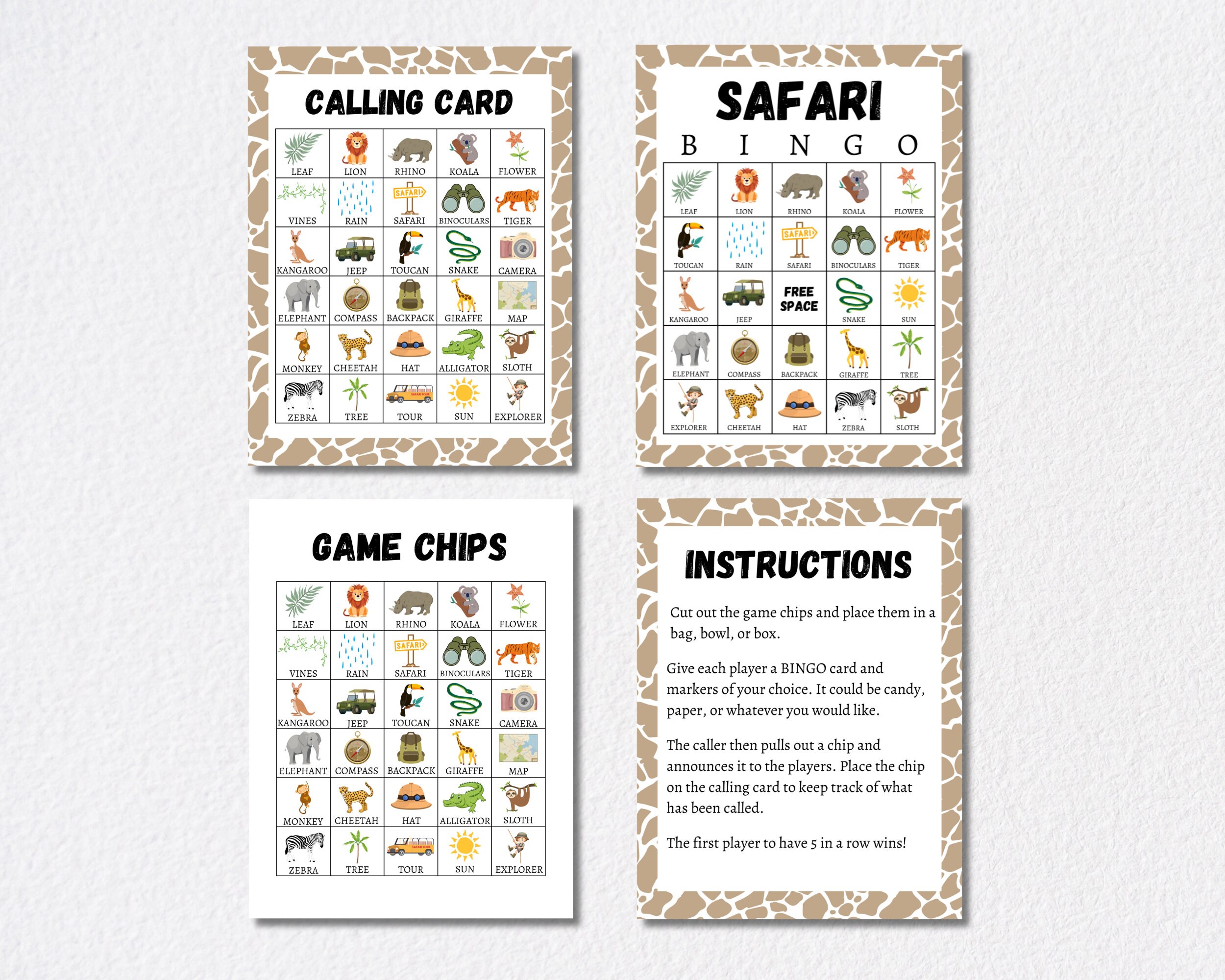 Safari Bingo Cards, Printable Animals Party Game for Kids, Zoo Activity ...