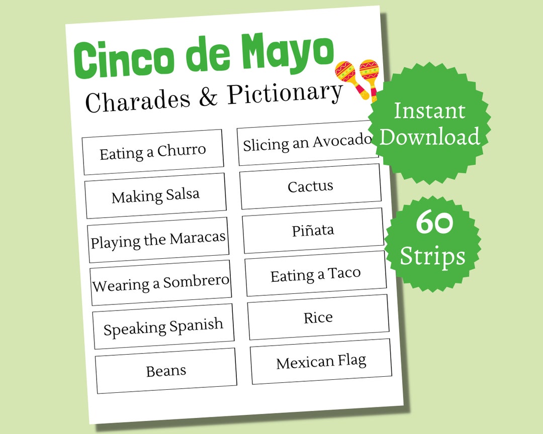 Cinco De Mayo Charades, Printable Cinco De Mayo Pictionary Cards, May ...