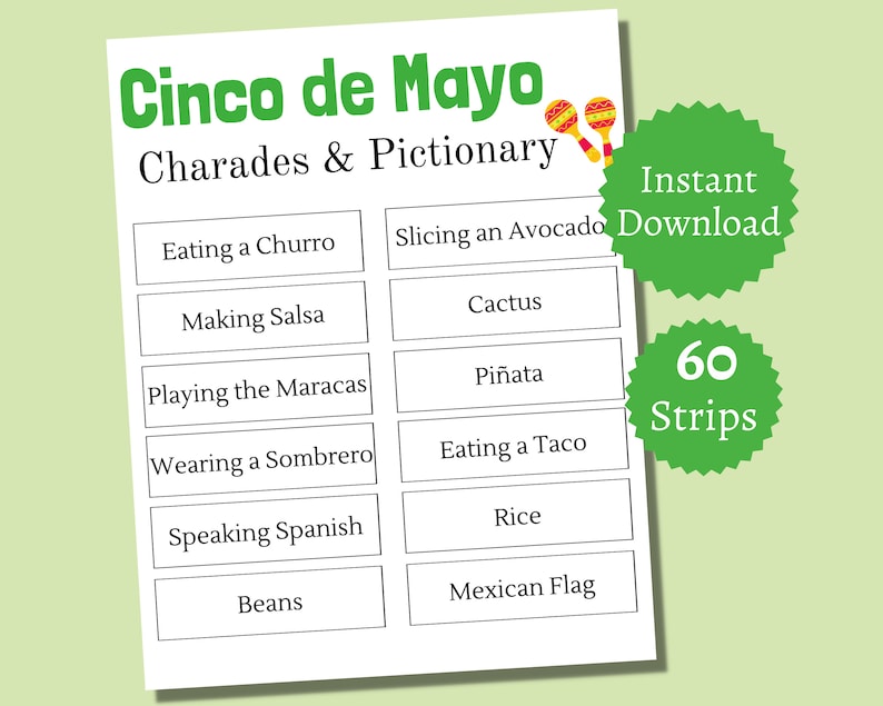 Cinco De Mayo Charades, Printable Cinco De Mayo Pictionary Cards, May ...