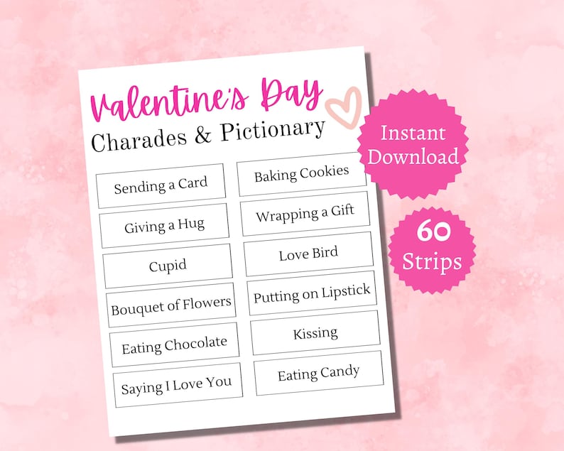 Valentine's Day Charades and Pictionary Cards, Printable Valentine's ...