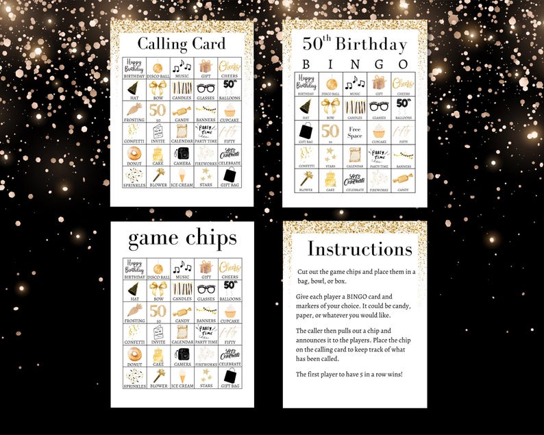 50th Birthday Bingo Cards, Printable 50th Birthday Party Game for Groups, Black and Gold Themed ...