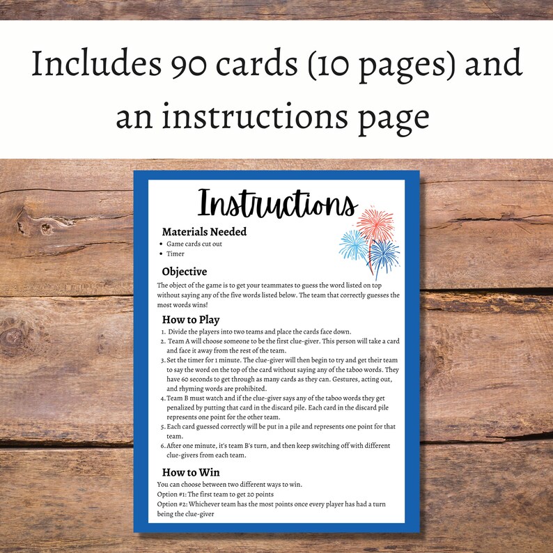 4th of July Taboo Game, Printable Fourth of July Family Party Game, Fun ...