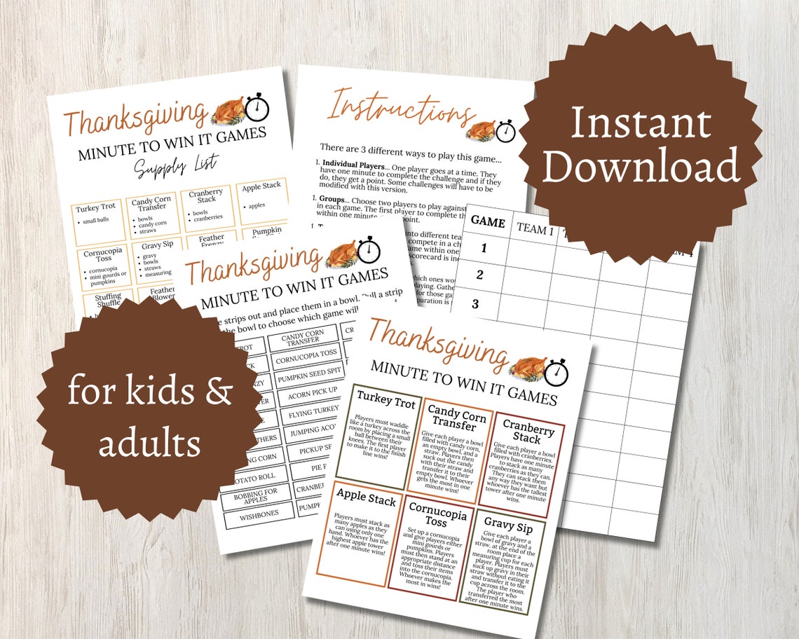Thanksgiving Minute to Win It Games, Thanksgiving Games Printable ...
