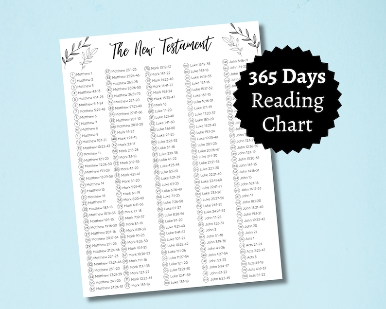 One Year New Testament Reading Chart, 365 Day Bible Reading Tracker ...