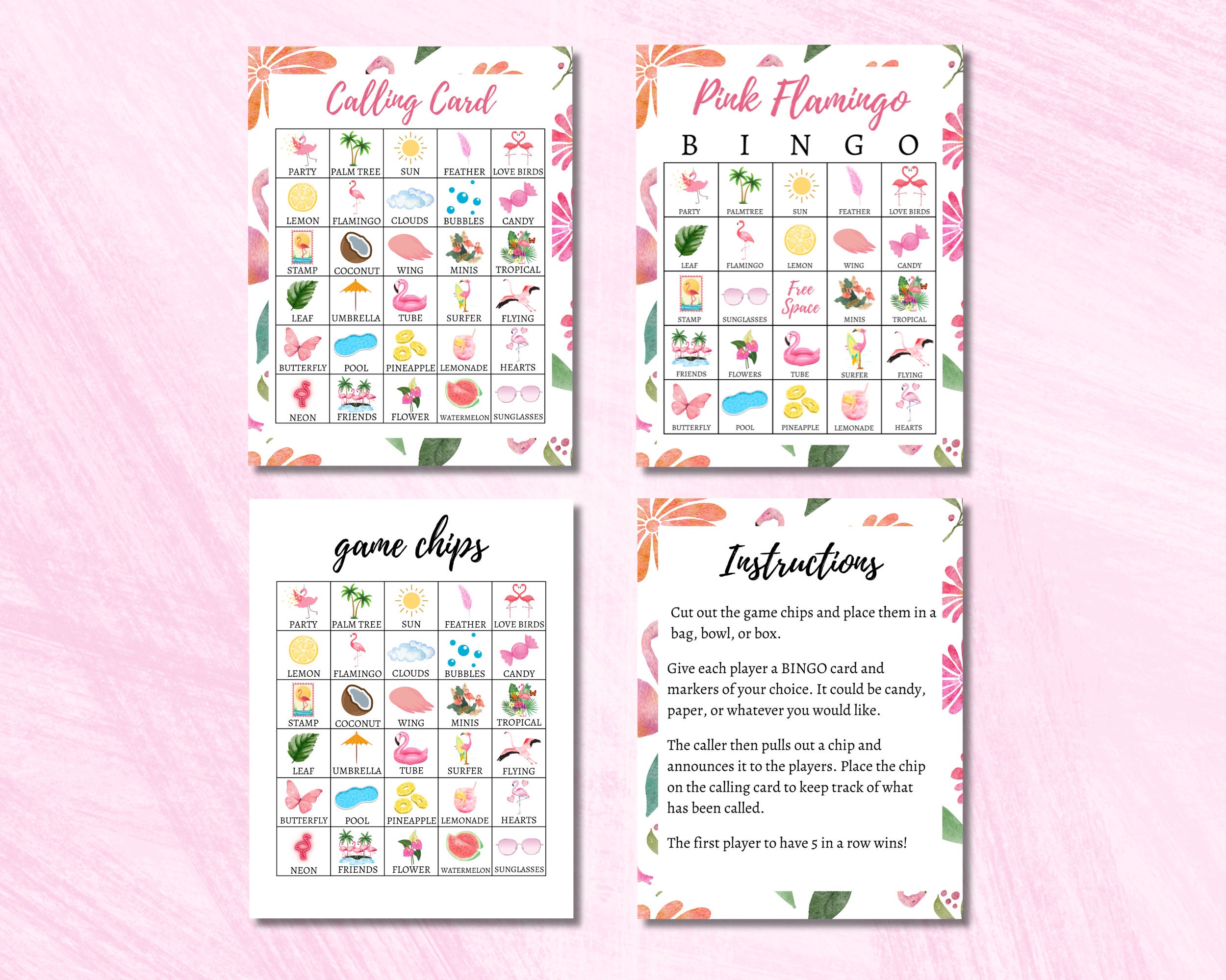 Pink Flamingo Bingo Game, Printable Summer Luau Activity for Kids ...