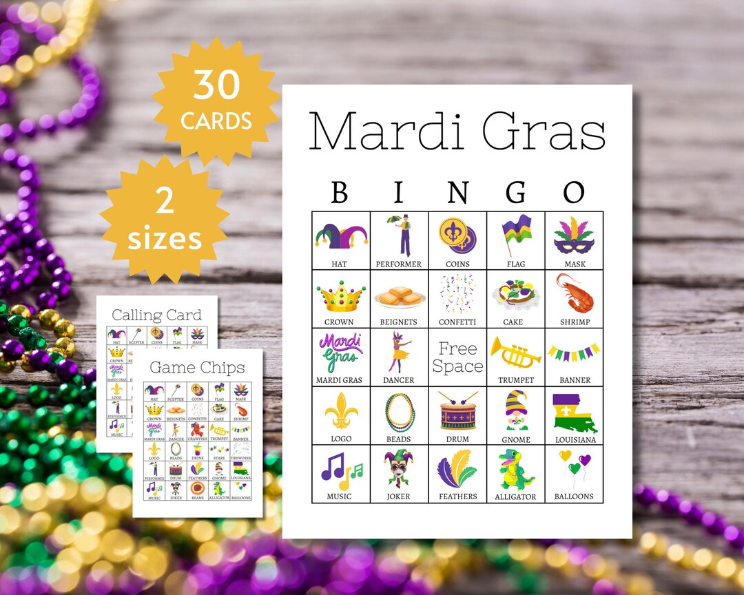 Mardi Gras Bingo Cards, Printable Mardi Gras Party Game for Kids and ...