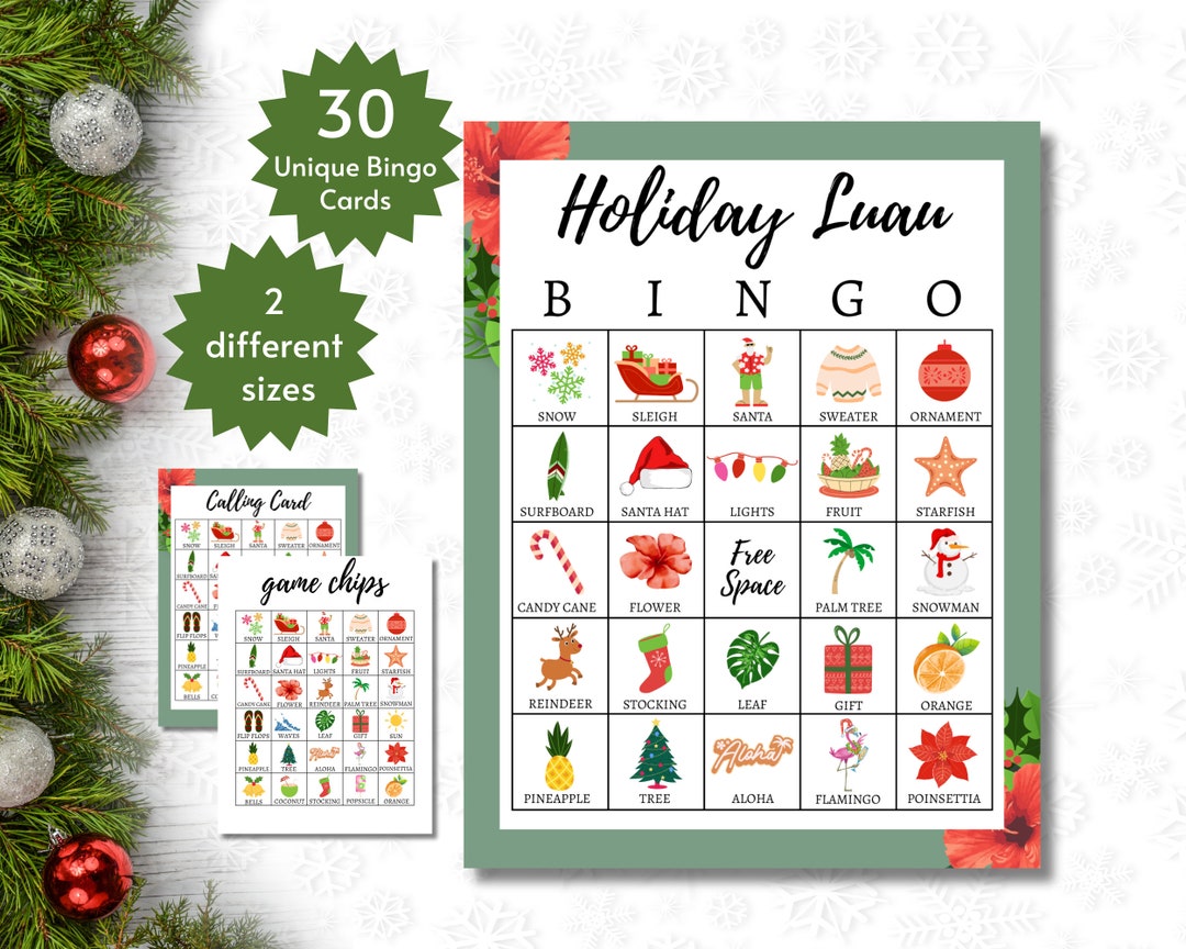 Holiday Luau Bingo Cards, Printable Tropical Christmas Party Game ...