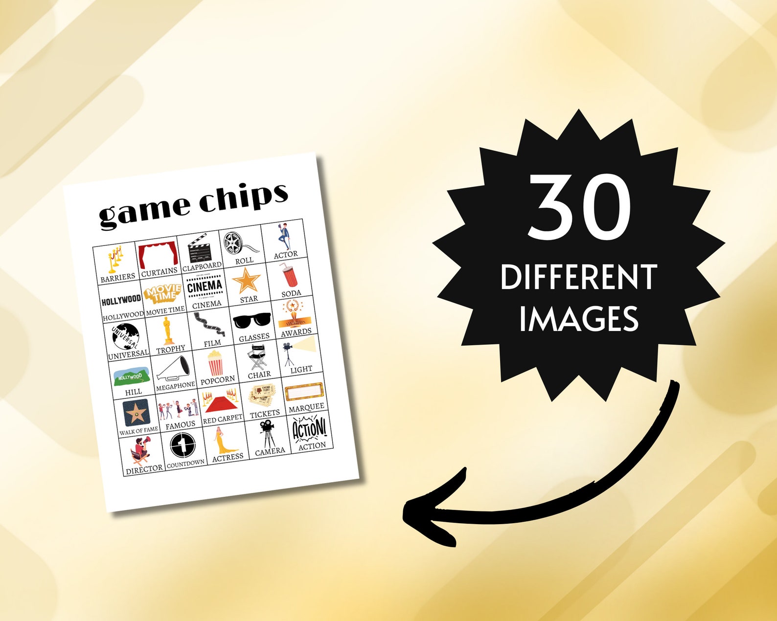 Hollywood Bingo Cards, Printable Movie Night Party Game, Includes Full ...