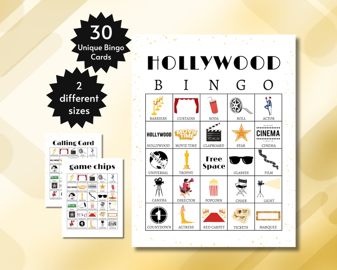 Hollywood Bingo Cards, Printable Movie Night Party Game, Includes Full ...