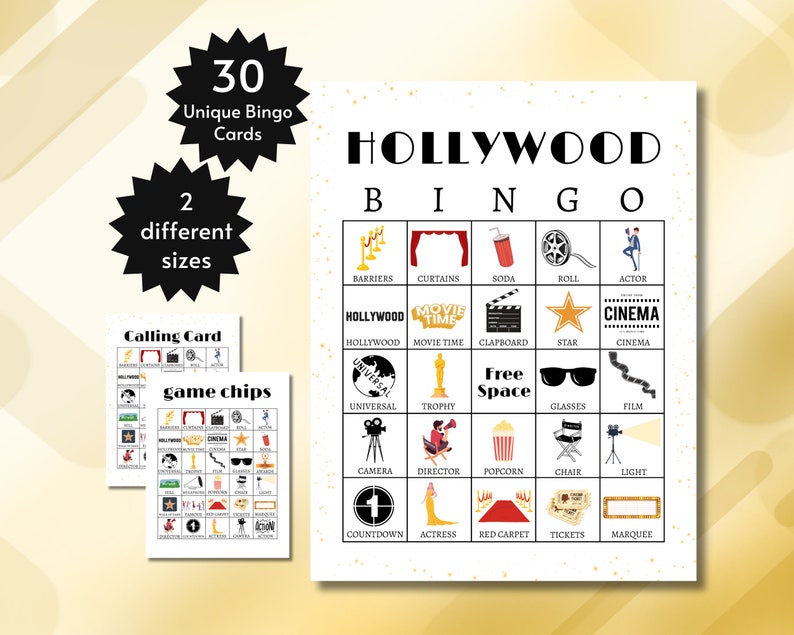 Hollywood Bingo Cards, Printable Movie Night Party Game, Includes Full ...
