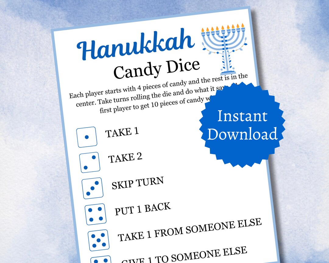 Hanukkah Candy Dice Game, Printable Hanukkah Party Game for Kids, Teens ...